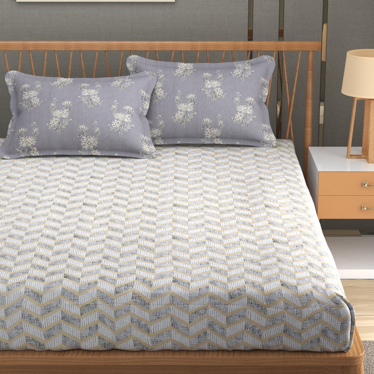 Florida Double Bed King Size Cotton Bedsheet with 2 Pillow Cover - Gre ...