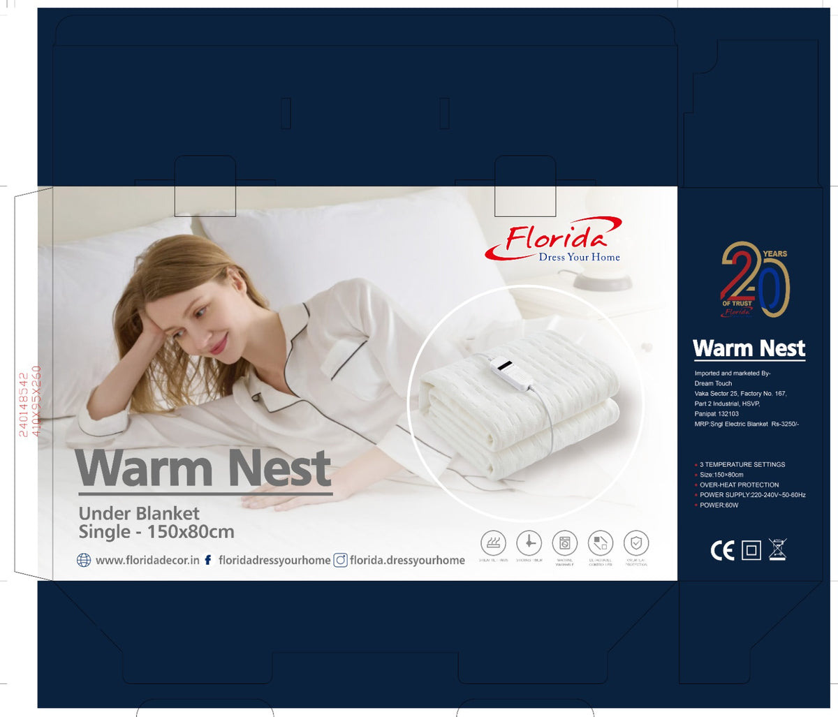 Florida Warm Nest Single Bed Electric Blanket with 3 Different Heat Se ...